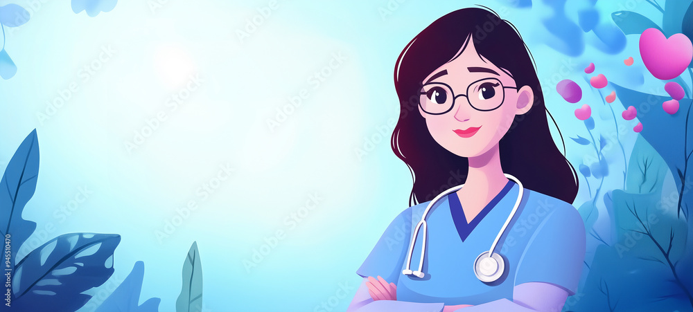 Cartoon illustration of a female nurse wearing blue scrubs with glasses ...