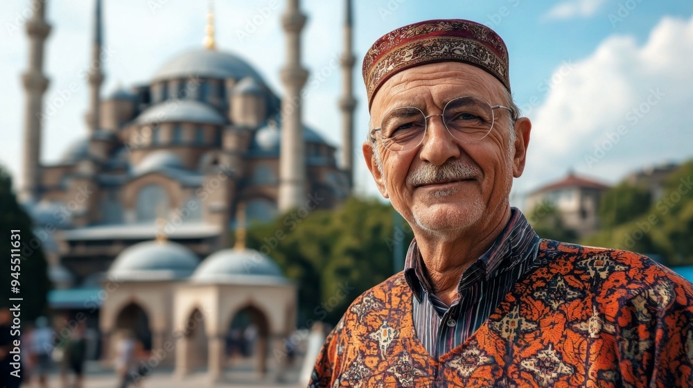 portrait of Turkish man in traditional attire, standing in front of a ...