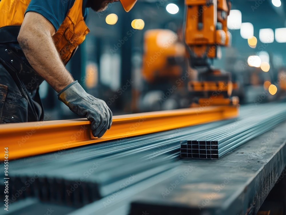 Heavy machinery assembling steel beams for construction, powerful and ...