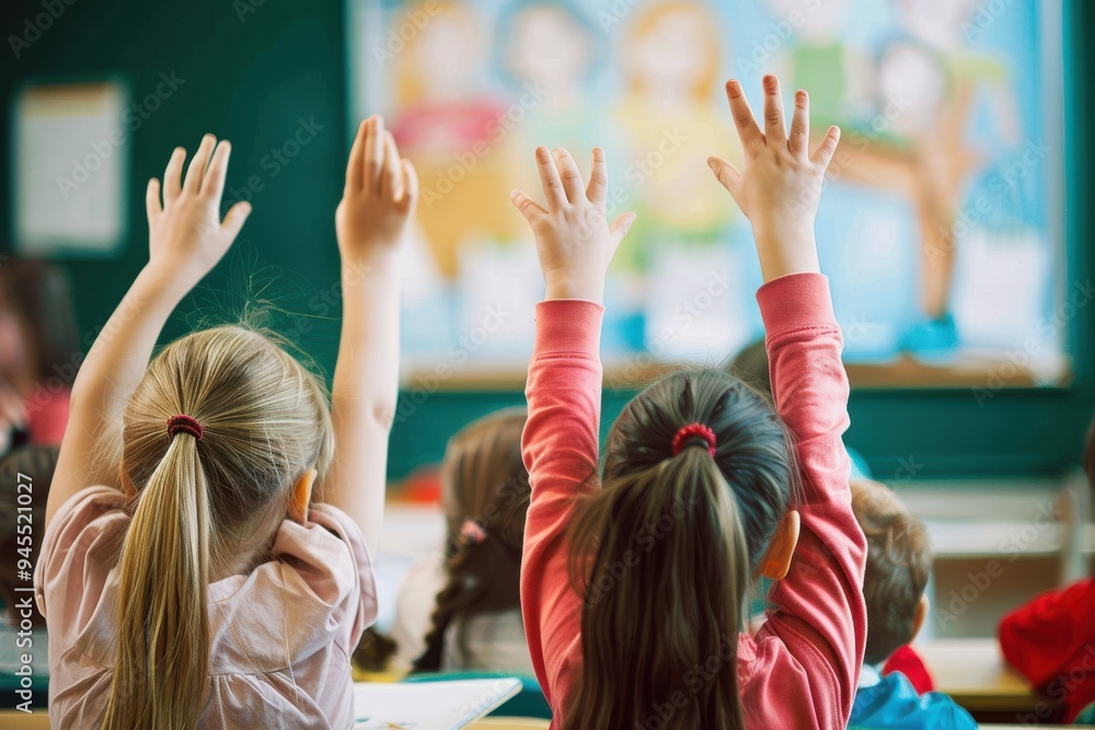 Children Raising Hands In Class, Rear View Elementary school kids ...