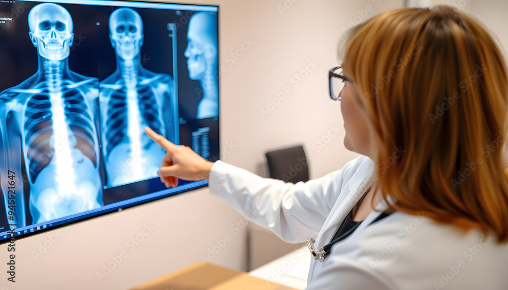 Side view of mature female radiologist in lab coat explaining results ...
