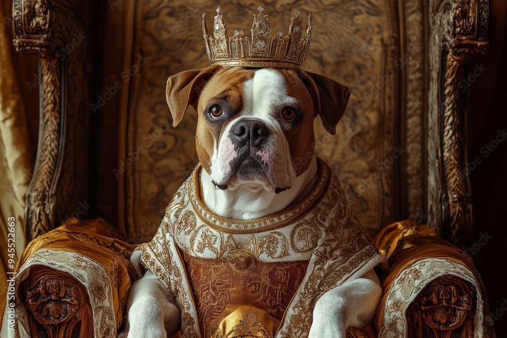 Adorable dog wearing a majestic crown and lavish outfit, sitting on an ...