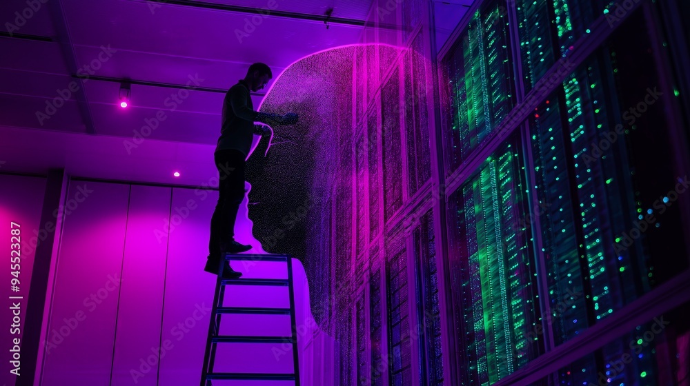 A large side view of a human head integrated with neon-lit ...