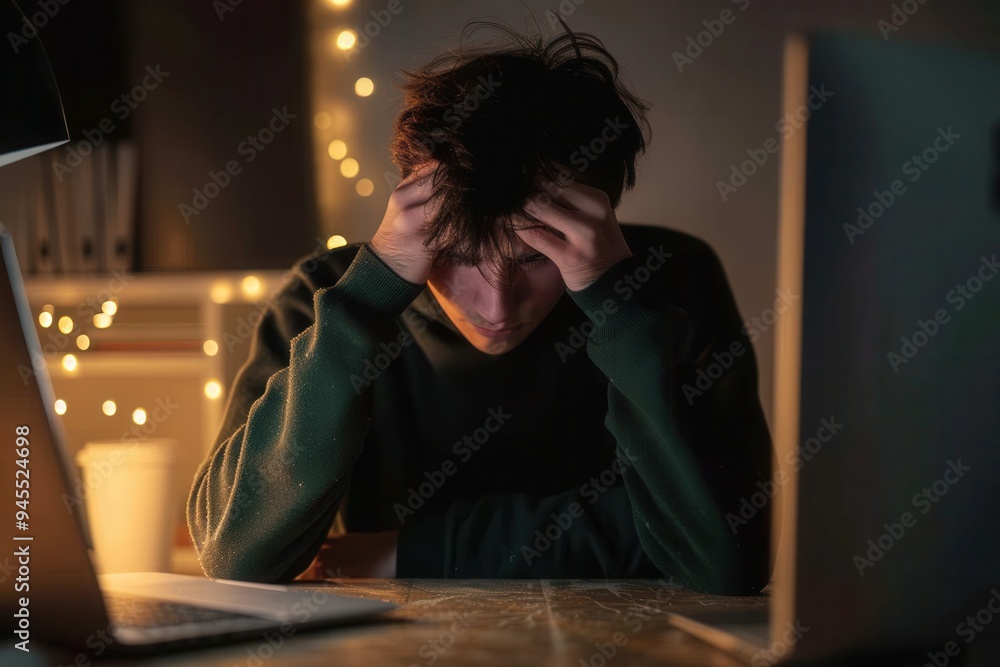 Tired and exhausted young man hides eyes with hands at laptop pc late ...