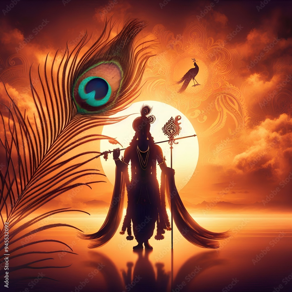 Silhouette of Hindu god Lord Krishna with peacock feather on sunset ...