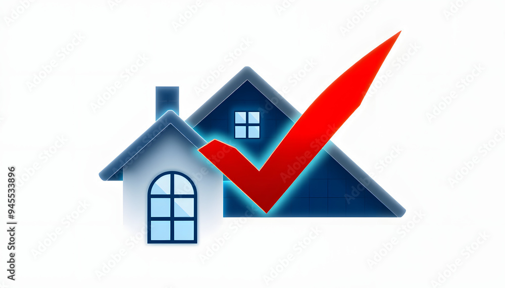 Home and check mark logo - house roof with chimney and window and red ...