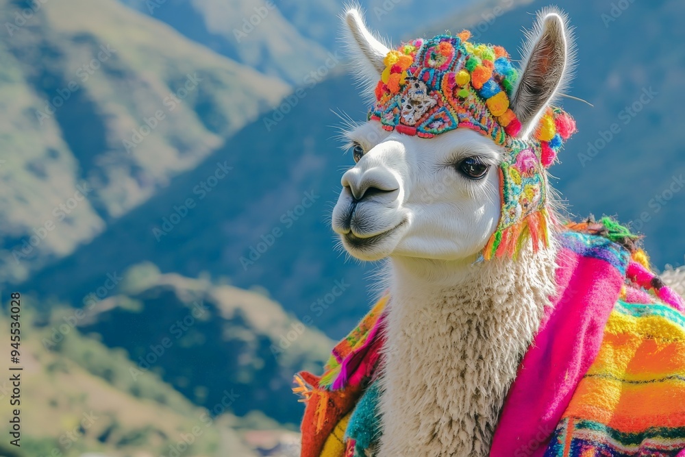 A beautifully adorned llama wearing a vibrant traditional Andean ...
