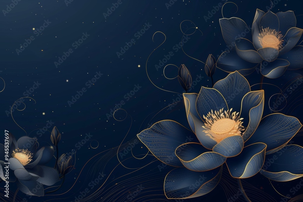Luxury lotus background design with golden line and dark blue color ...