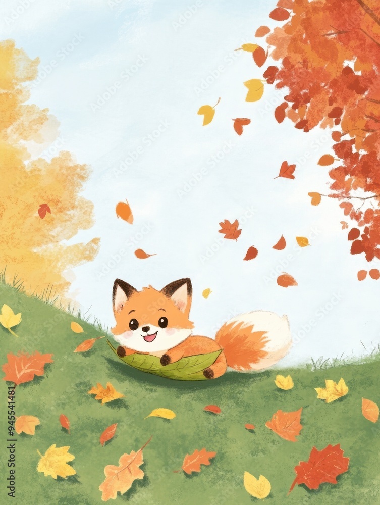 Storybook style illustration of a baby fox sliding down a hill on a ...