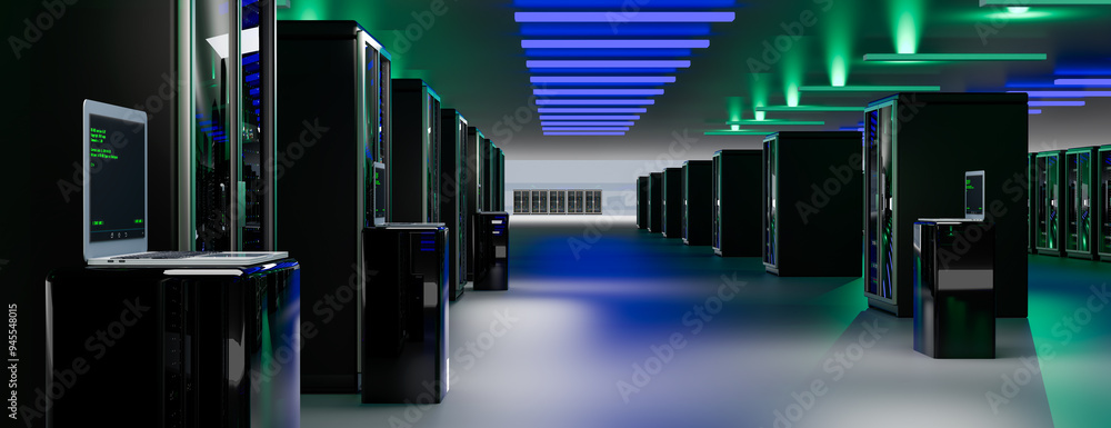 Rackmount LED console in server room data center. Server. Room servers data center. Backup ...