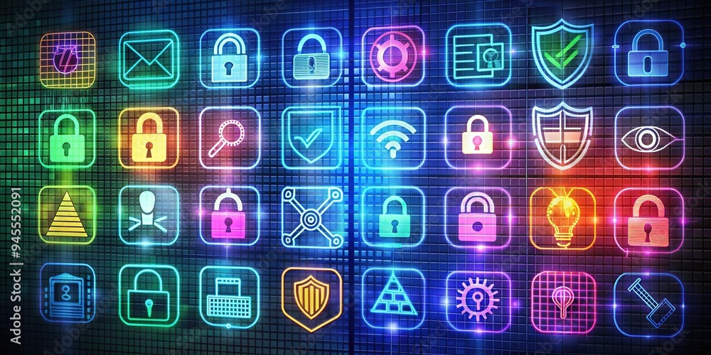 Sleek, modern, and colorful digital icons representing various cyber risks, including data ...