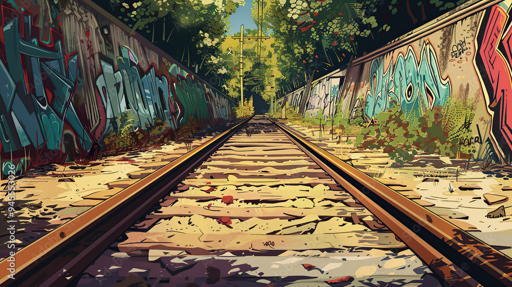 road, railroad, track, landscape, art, graffiti, painting, background ...