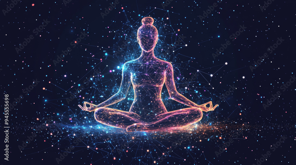 This abstract image portrays a woman yogi sitting in the lotus pose ...