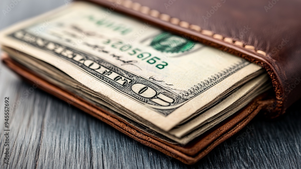 Dollar banknotes neatly arranged inside a wallet, showcasing the ...