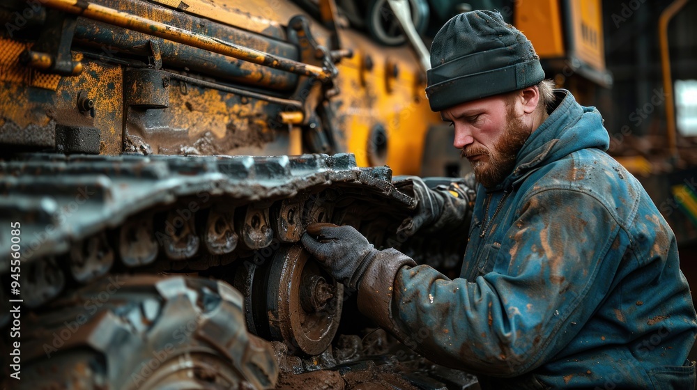 a mechanic replacing the worn-out tracks on a crawler tractor ...