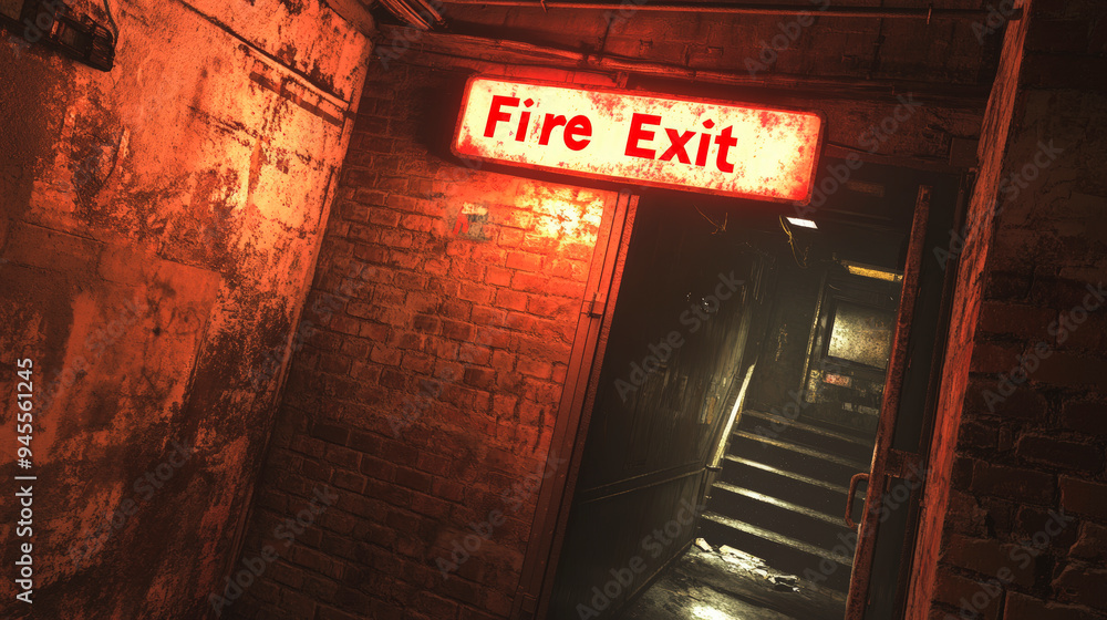 Dimly lit, worn-down corridor with a glowing "Fire Exit" sign above a ...