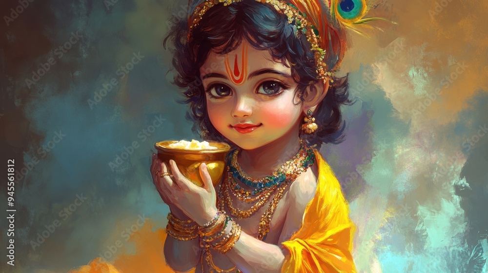 Vibrant illustration of Lord Krishna as a child, holding a butter pot ...