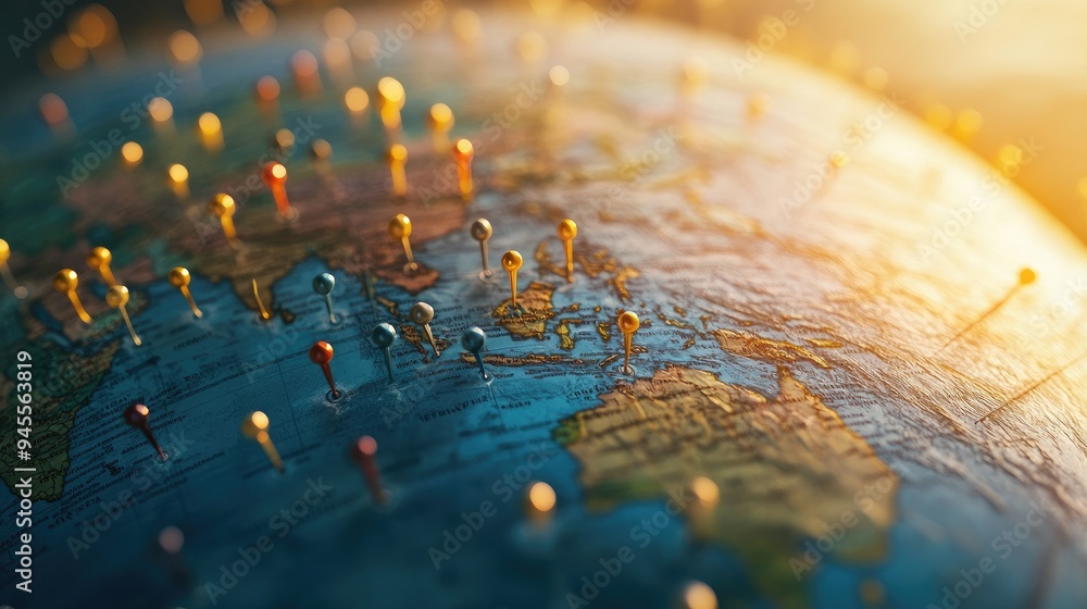 Globe with pins marking major international trade hubs and routes Stock ...