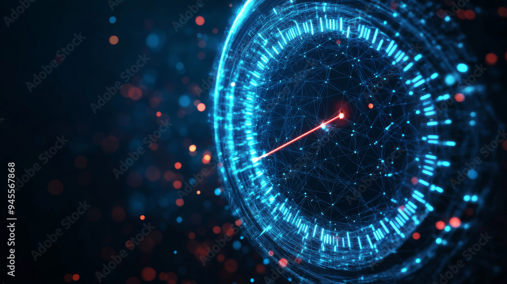 Digital low poly 3D speedometer in dark blue, designed for high-speed ...