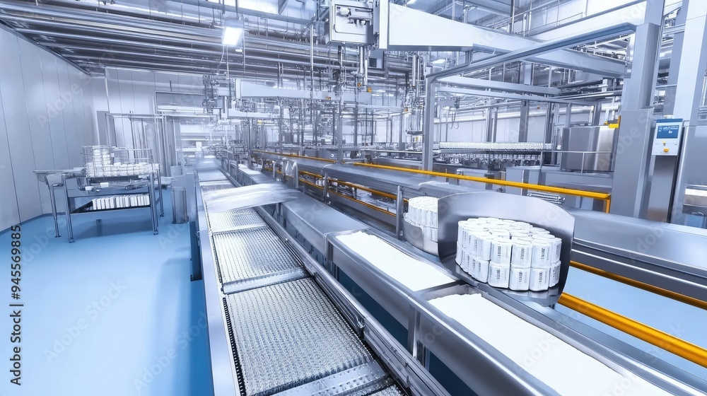 Automated production line in a food processing plant, with products ...