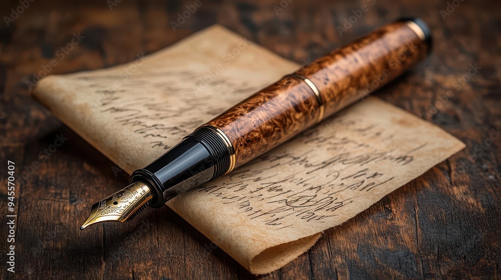 vintage fountain pen resting on an unfurled parchment scroll with ...