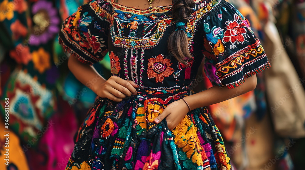 An Indigenous Mexican woman wearing an elaborately woven Oaxacan dress ...