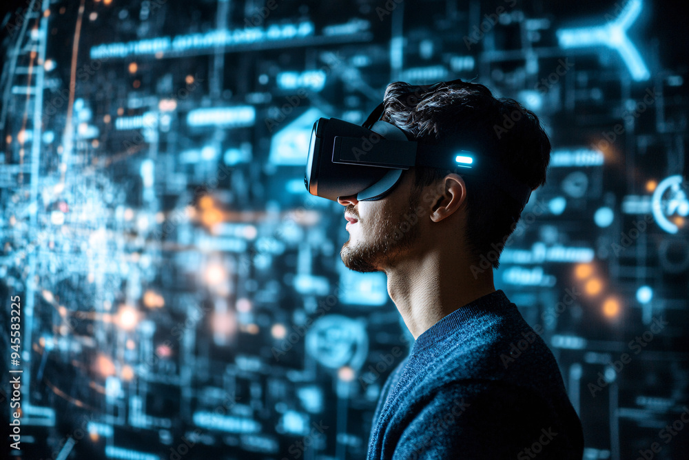 VR Exploration: A young man, his face alight with wonder, experiences ...