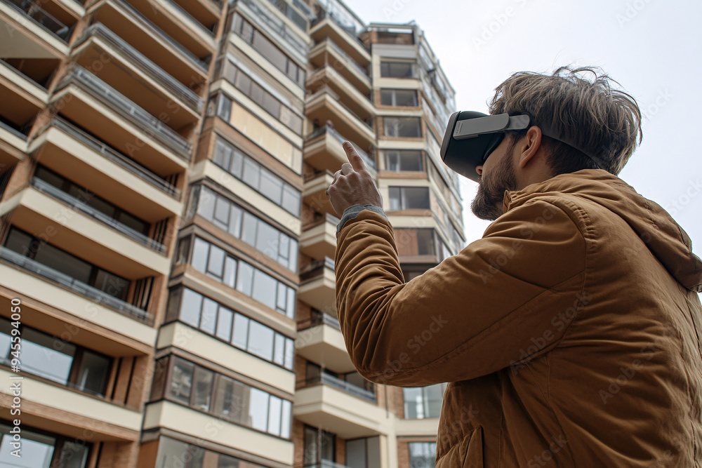 Virtual Reality Real Estate Tour: A man wearing VR goggles interacts ...