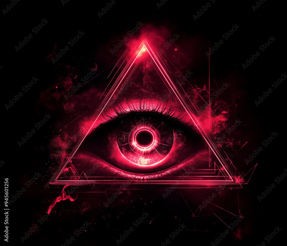 Neon glowing all-seeing eye and pyramid isolated against a black ...
