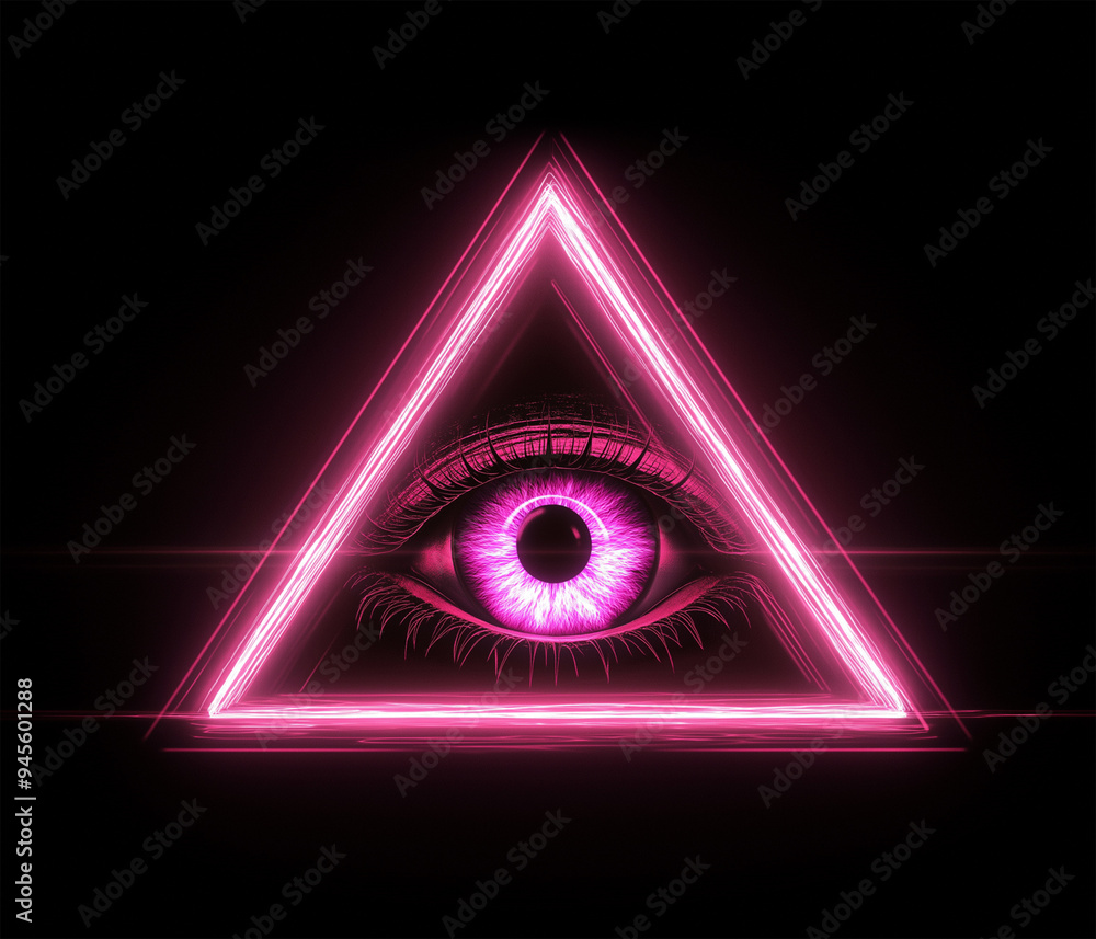 Neon glowing all-seeing eye and pyramid isolated against a black ...