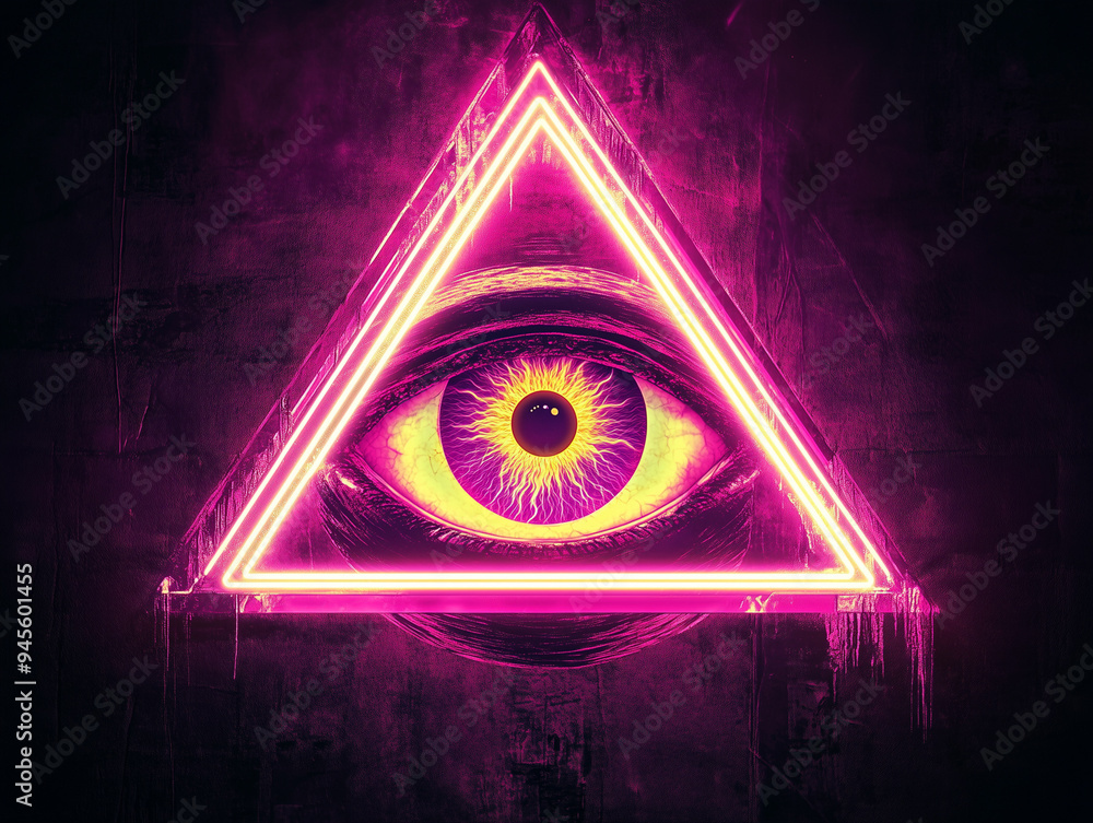 Neon glowing all-seeing eye and pyramid isolated against a black ...