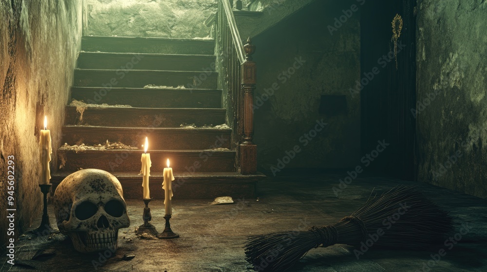 3D rendering of a haunting still life featuring a human skull candles a ...