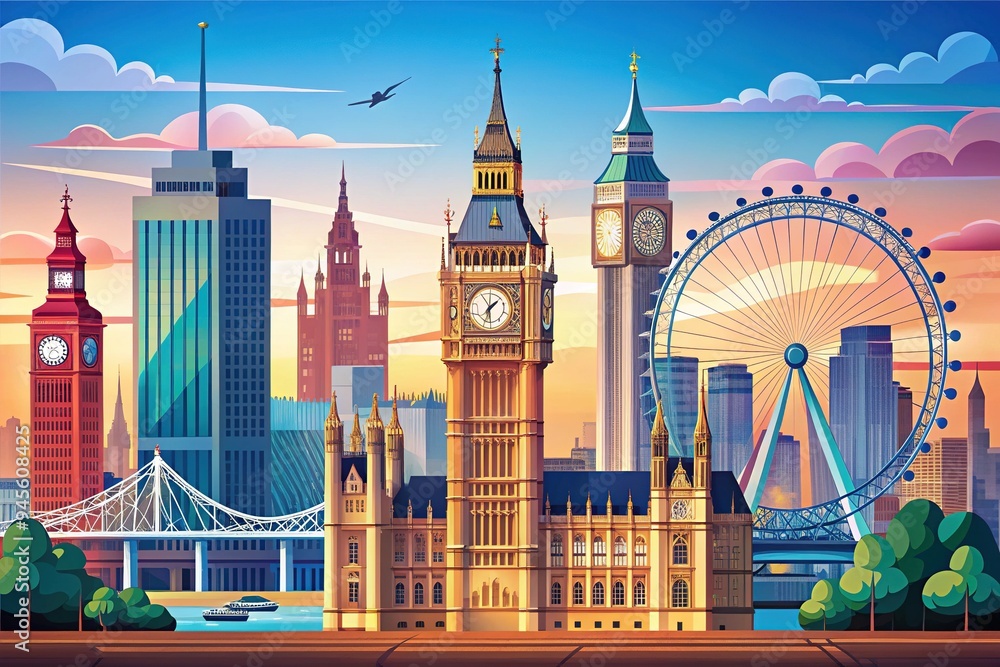 Stylized illustration of London's iconic landmarks, including ...