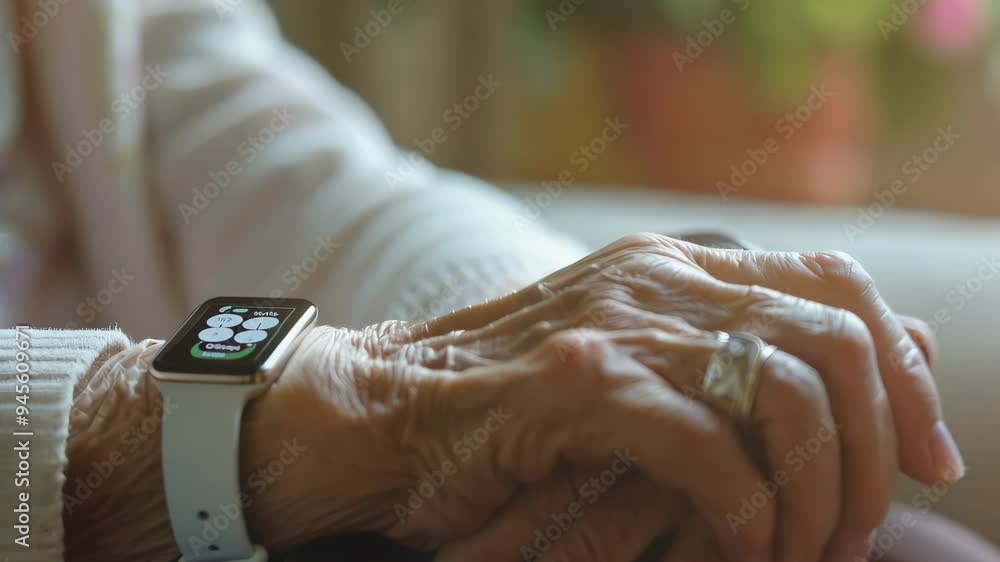 An elderly woman's hands, adorned with a smartwatch, showcase the blend ...
