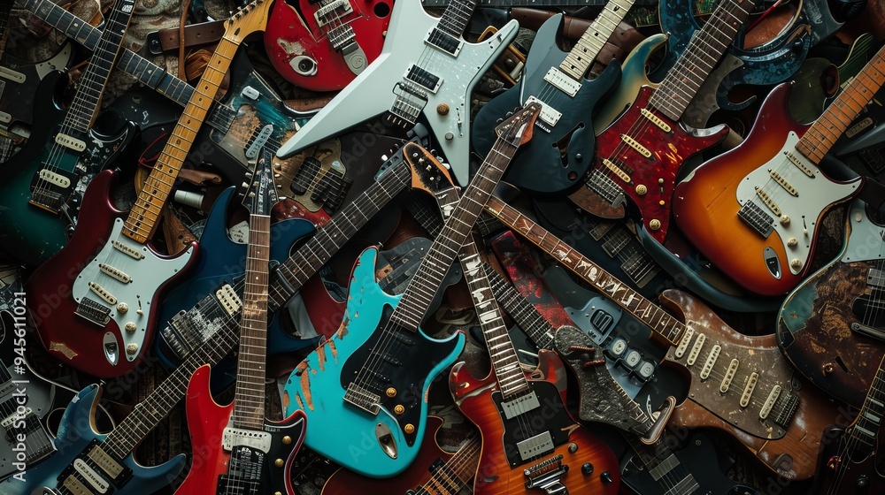 Strike a chord with a group photo of electric guitars, each one ready ...