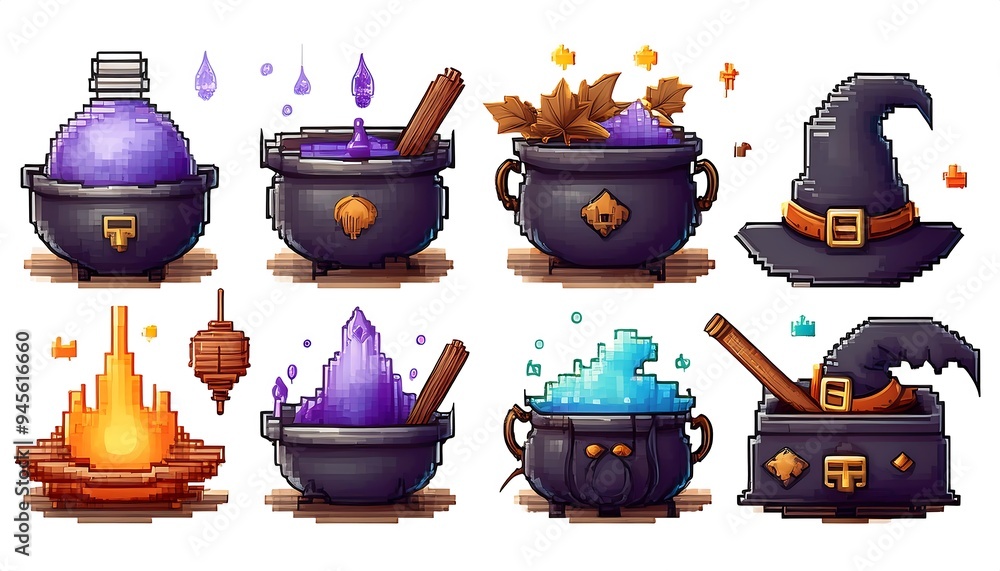 Pixelated Witchy Halloween Assets - 16-bit pixel art set of witch ...