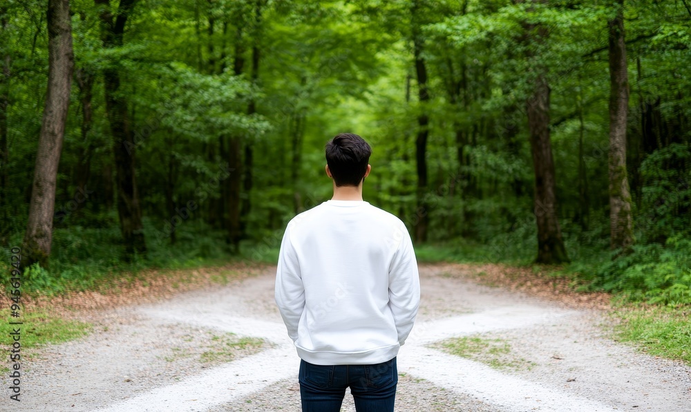 man standing at a fork in the road, choosing a path in a lush green ...