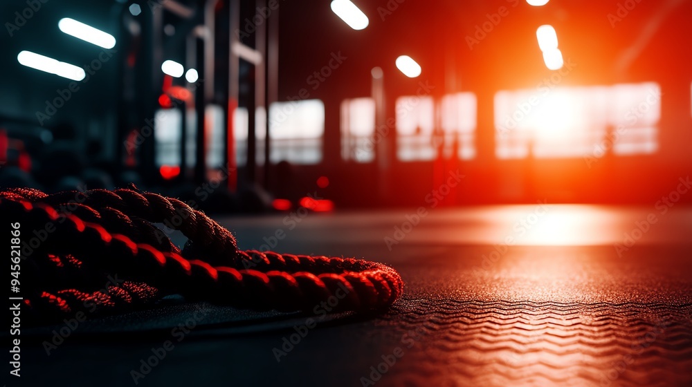 An intense circuit training setup with battle ropes, kettlebells, and ...