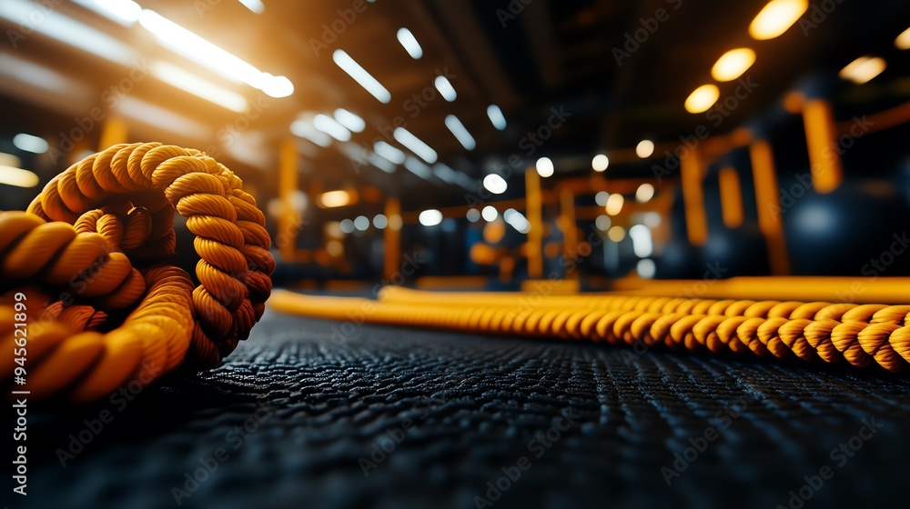 An intense circuit training setup with battle ropes, kettlebells, and ...