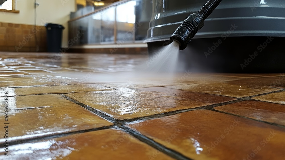 A dirty floor being cleaned by a high-pressure washer, water spray ...