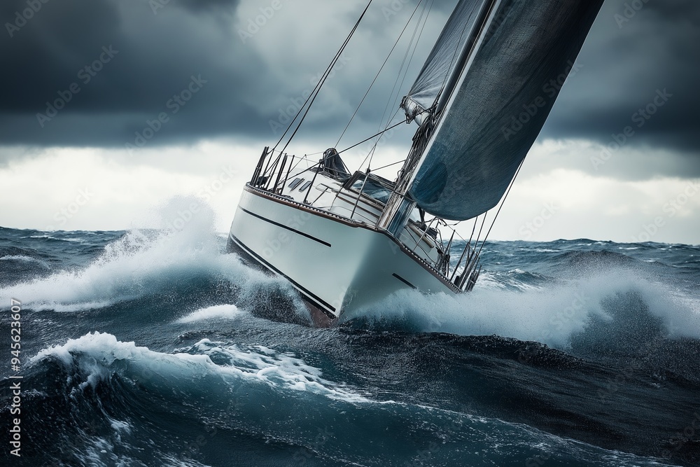 A sailboat is being tossed around in rough waters. The boat is upside ...