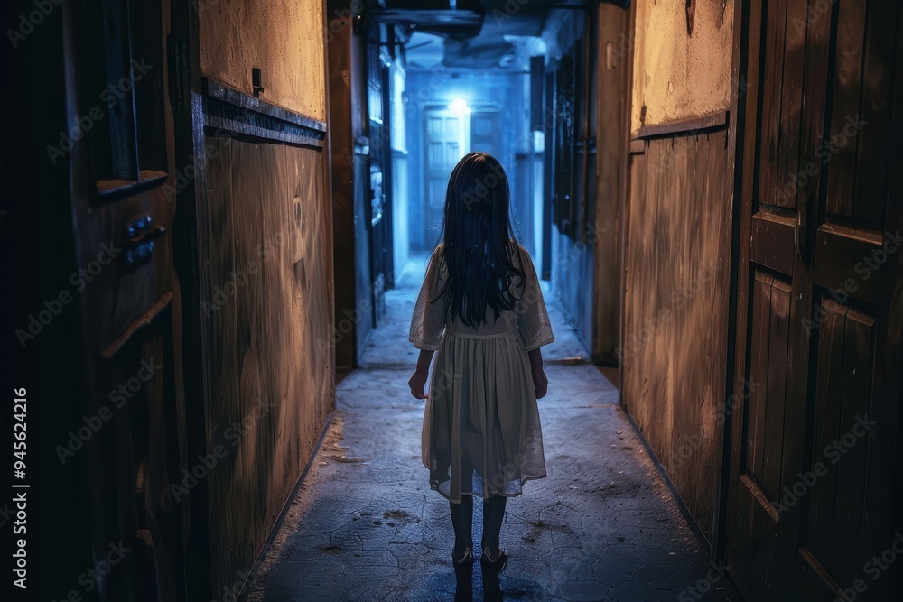 Little girl horror movie Scary girl in night gown in a dark basement ...