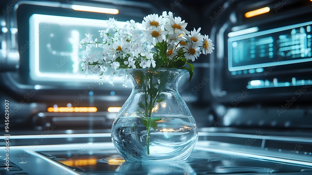 Elegant vase floating in zero gravity, flowers and water hanging in mid-air, set against a ...