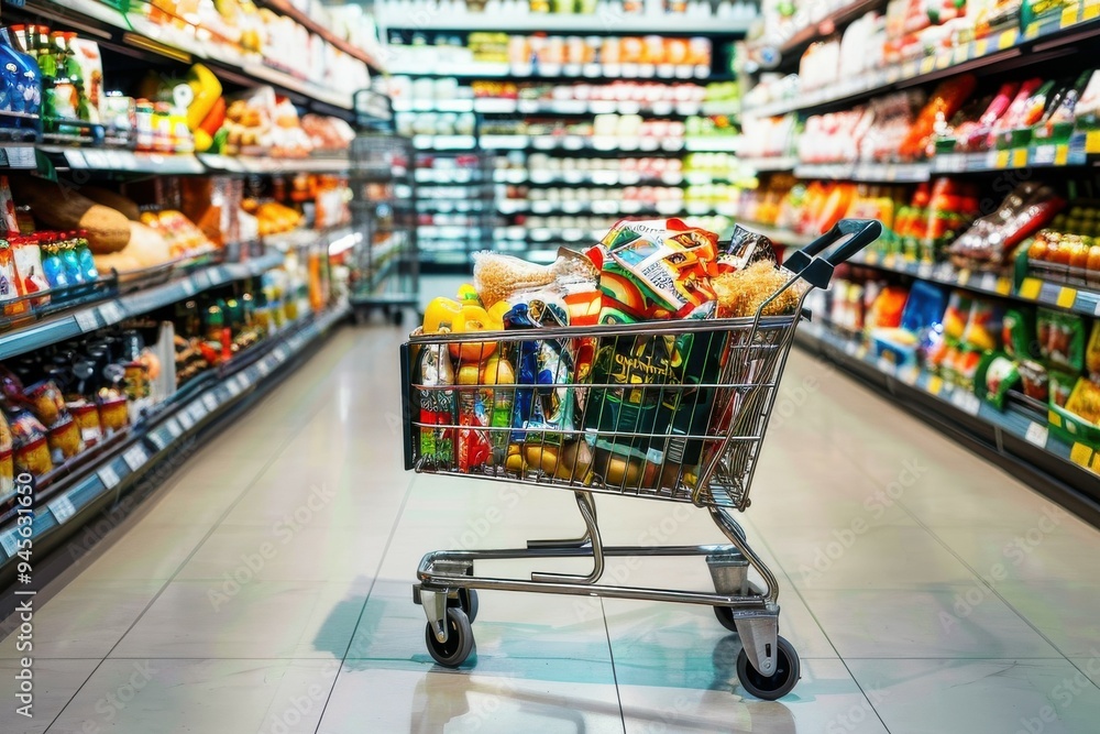 Full shopping cart in supermarket aisle Full shopping cart in ...