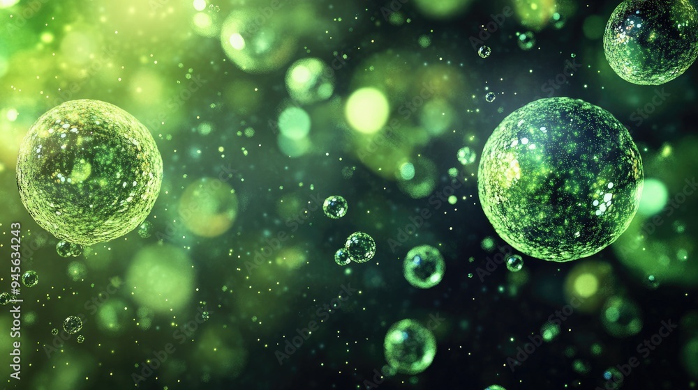 Abstract green light biotechnology background with spark on a black ...