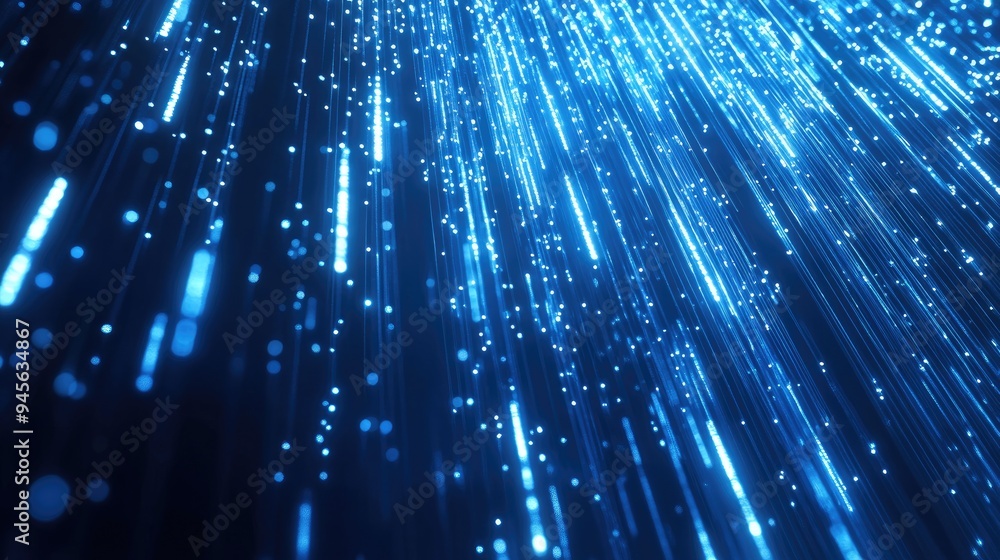 Abstract luminous digital lines ascending against a dark blue backdrop ...