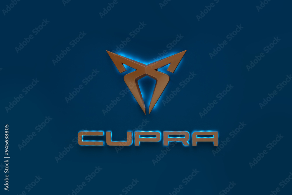 advertising logo CUPRA on blue banner, technology Spanish SEAT Cupra ...