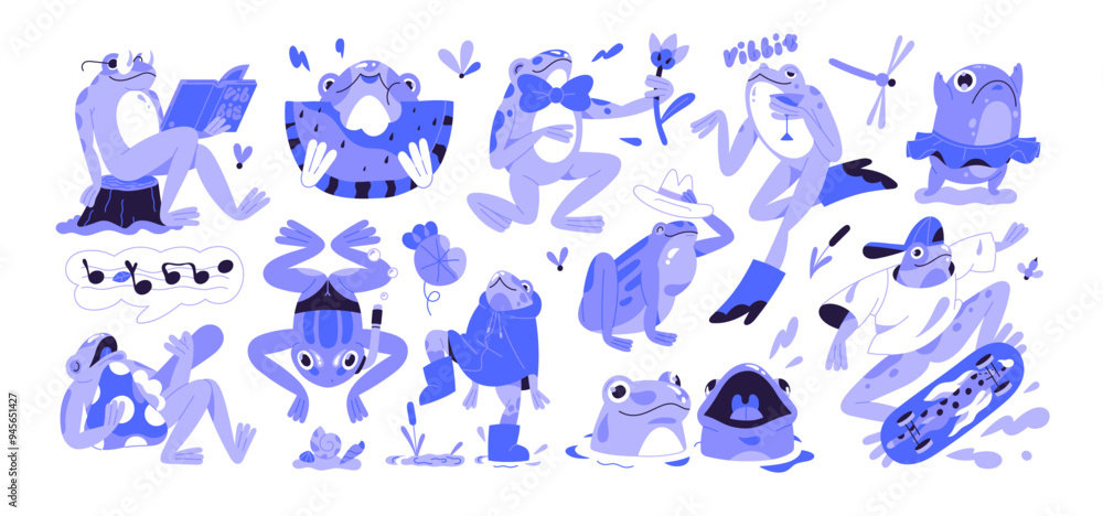 Monochrome set of cute frogs. Amusing toads croak in water, relax ...