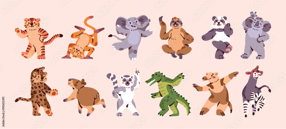 Funny animals dance set. Different anthropomorphic characters, monkey ...