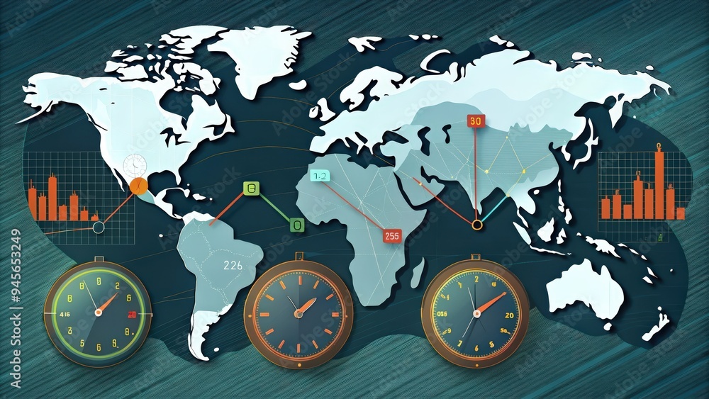 World Map with Time Zones, Data Points, and Graphs Stock Illustration ...